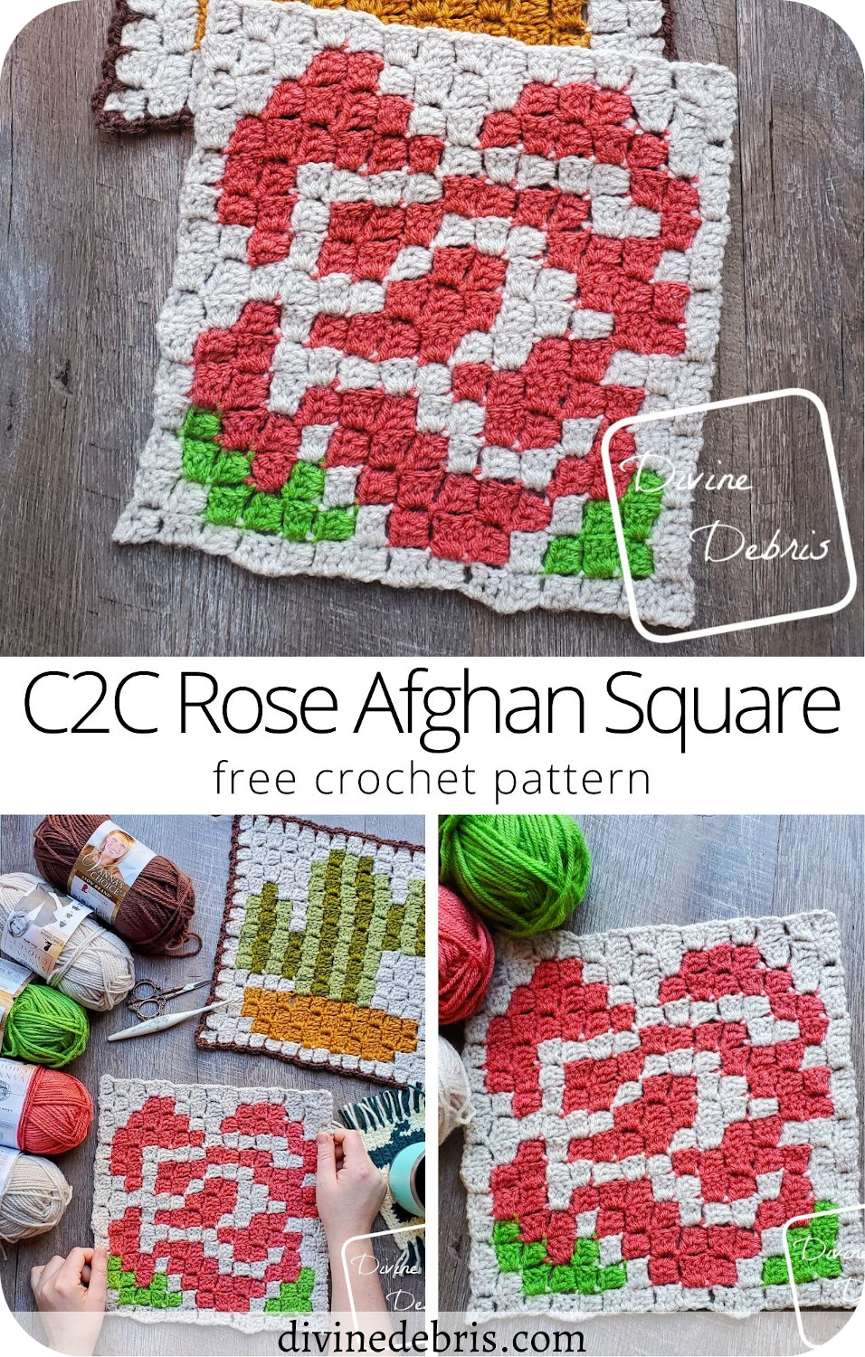 C2C Rose Afghan Square free crochet pattern by DivineDebris.com